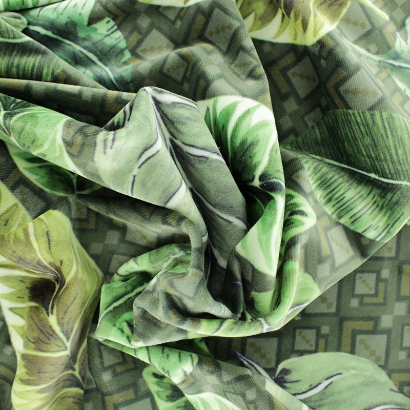 Tissu velours impression digitale Exotic leaves vert - MPM