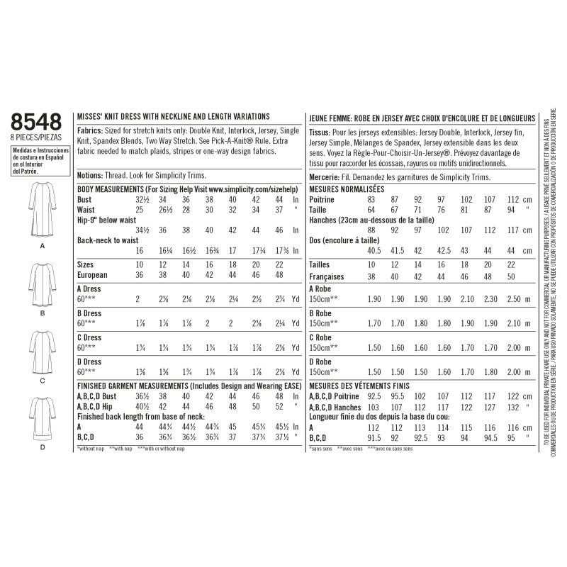 Patron Robe à manches raglan Femme - Simplicity n°8548