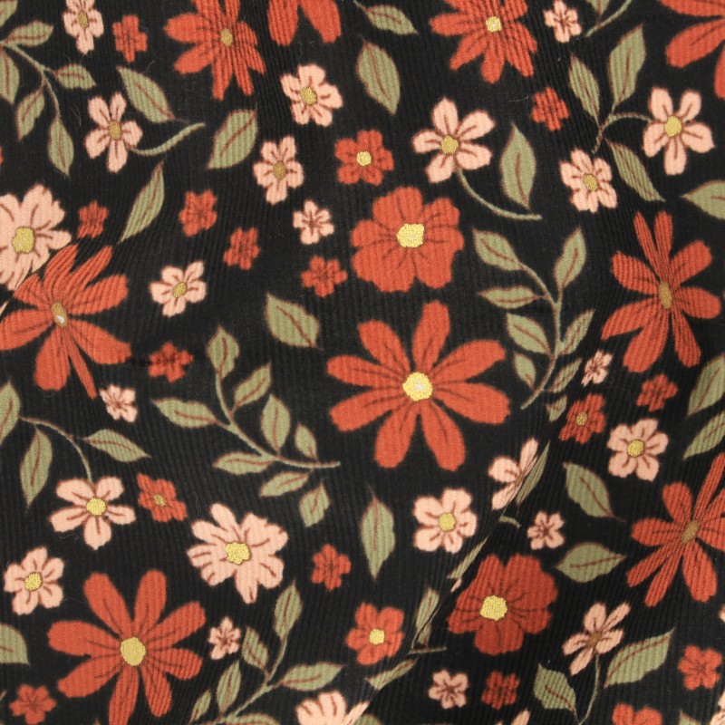 Tissu velours milleraies Poppy Flowers - noir - MPM