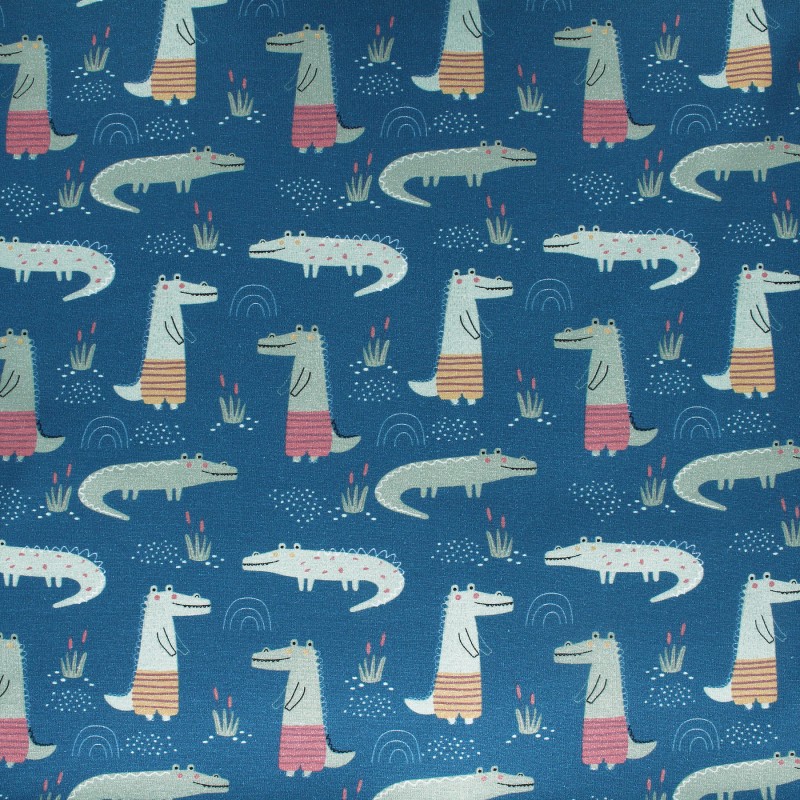 Tissu au mètre - Jersey de coton à motif Croco en maillot - bleu