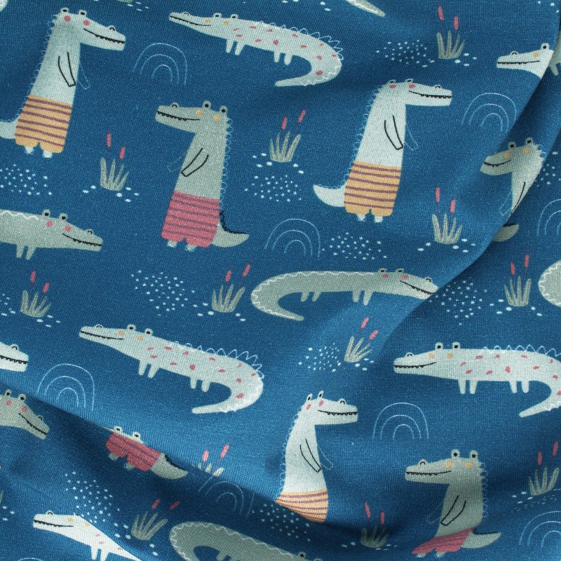 Tissu au mètre - Jersey de coton à motif Croco en maillot - bleu